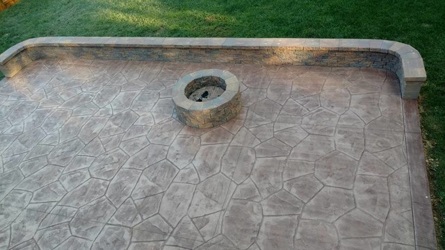 Stamped concrete patio with block seating wall and block fire-pit ...