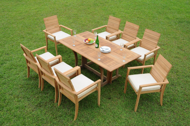 9-Piece Outdoor Teak Dining Set: 69" Folding Table, 8 Alps Stacking Arm ...