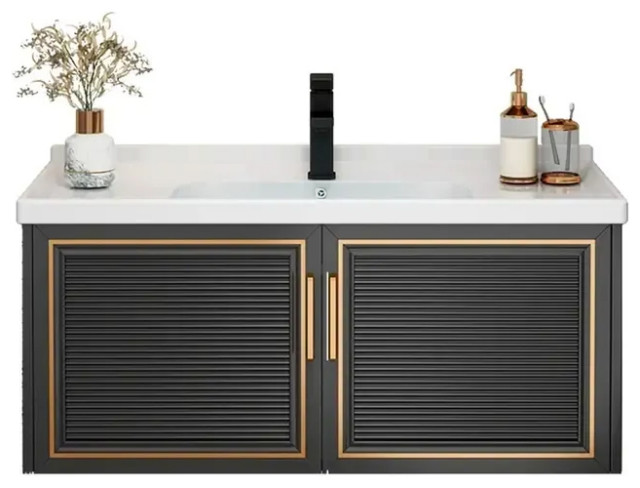 Black Floating Bathroom Vanity Set Drop-In Ceramic Sink with Cabinet ...