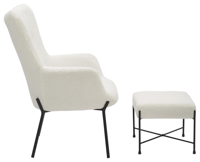 Izzy Lounge Chair + Ottoman Set, Black Metal, White Sherpa - Midcentury ...