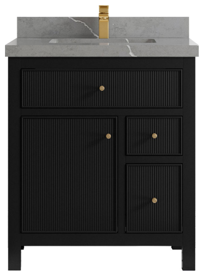Sonoma 30 Single Sink Reeded Bath Vanity in Black 2" Piatra Gray ...