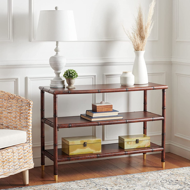Tropical Console Table with Bamboo Frame and 2 Open Shelves, Dark Brown ...