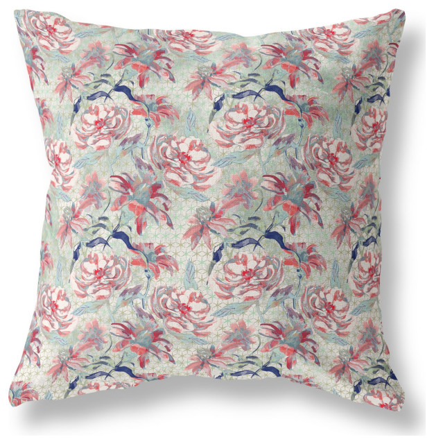 26" Light Green Red Roses Indoor Outdoor Throw Pillow - Contemporary ...