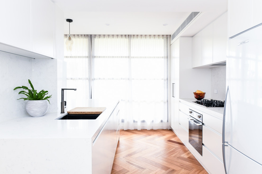 Modern White Kitchen with Waterfall Benchtops - Modern - Kitchen ...