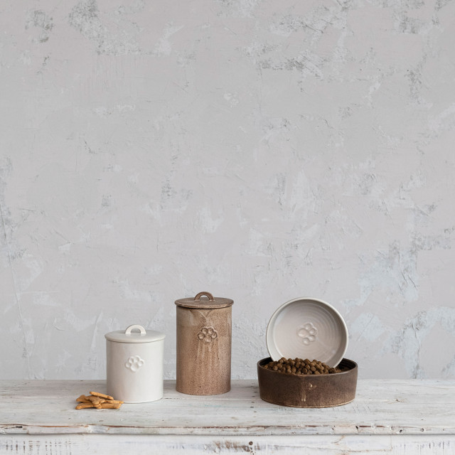 Round Debossed Stoneware Treat Canister With Paw Print, Reactive Glaze ...