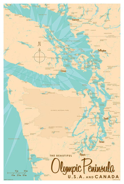 Lakebound Olympic Peninsula Map Art Print, 24"x36" - Contemporary ...