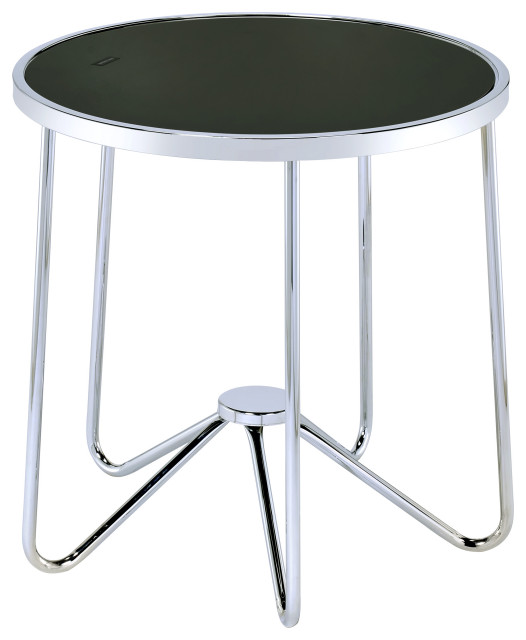 Round Metal Base Glass End Table with Raised Bottom Centre, Black and ...
