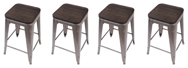 Metal Backless Gunmetal Bar Stools With Dark Wooden Seat, Set of 4 ...