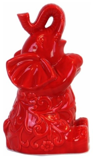 Floral Carved Trumpeting and Sitting Up Elephant Figurine, Ceramic ...