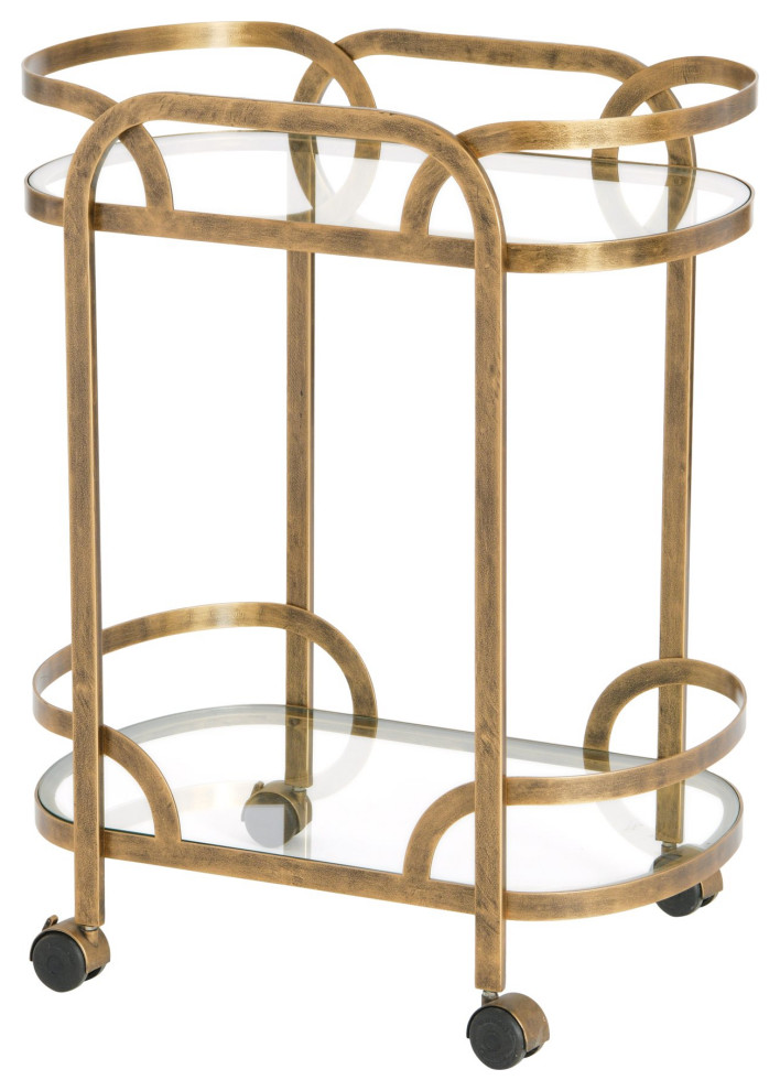 Glam Bar Cart, Distressed Brass Metal Frame With 2 Oval Shaped Glass ...