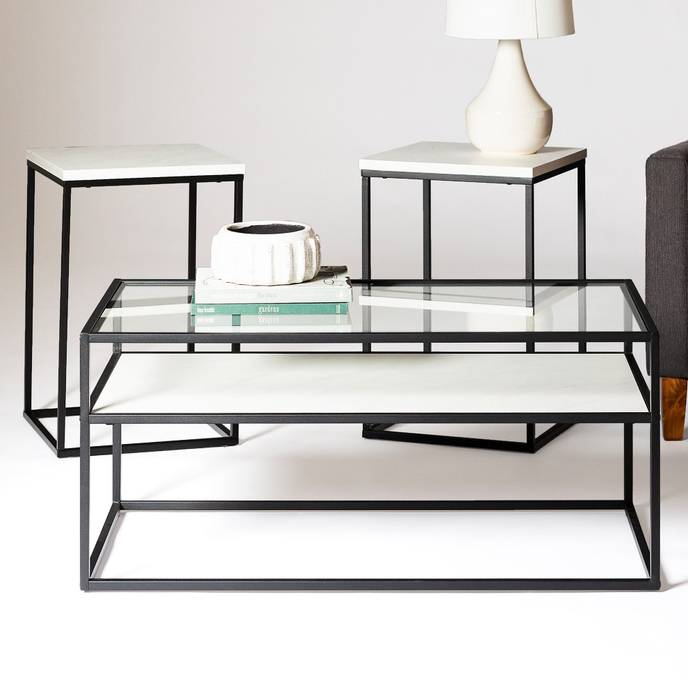 3-Piece Box Metal Table Set - Faux White Marble - Industrial - Coffee ...