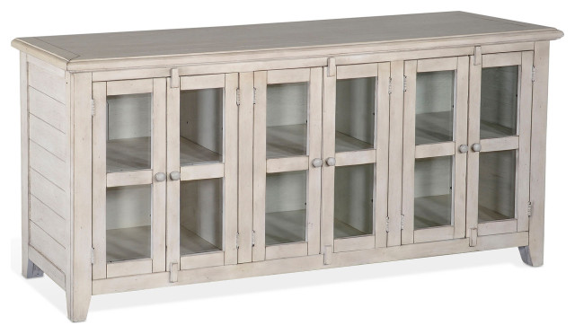 70" Distressed White TV Stand Media Console Glass Doors Storage Cabinet ...