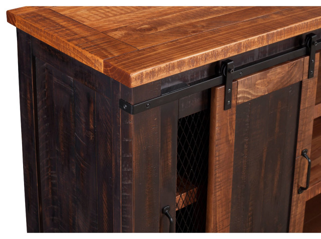 65" Solid Wood Entertainment Center with Sliding and Metal Mesh Doors ...