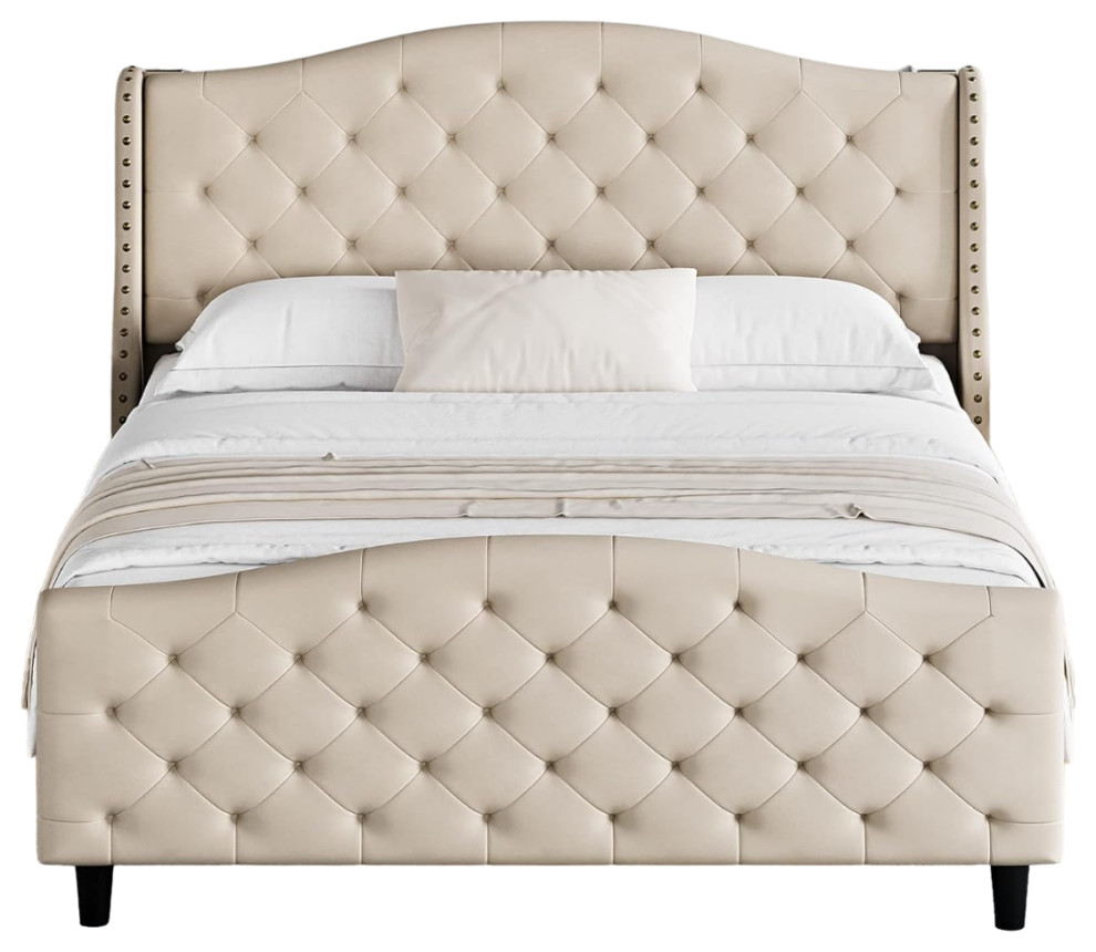 Unique Platform Bed, Deep Button Tufted Upholstery & Wing Headboard ...
