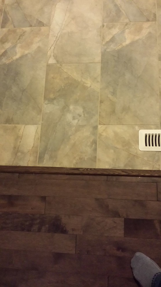 Earth tone Slate mimic 12x24 porcelain tile on kitchen floor - Rustic ...