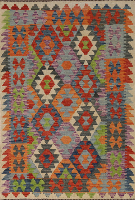 Geometric Kilim Oriental Wool Rug 4x6, 4x6 - Southwestern - Area Rugs ...