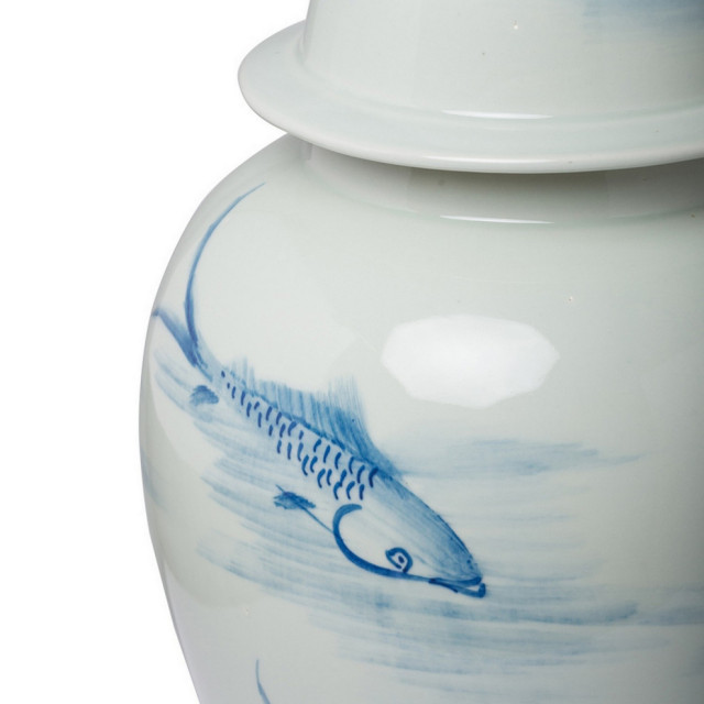 19 Inch Ginger Jar, Lidded, Painted Blue Koi Fish Over White Porcelain ...