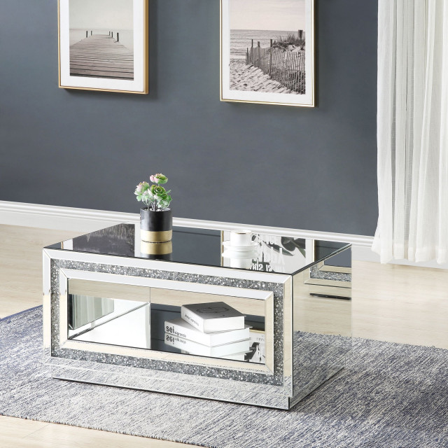 Mirrored Rectangular Coffee Table, Open Shelf, Faux Diamond Inlay ...