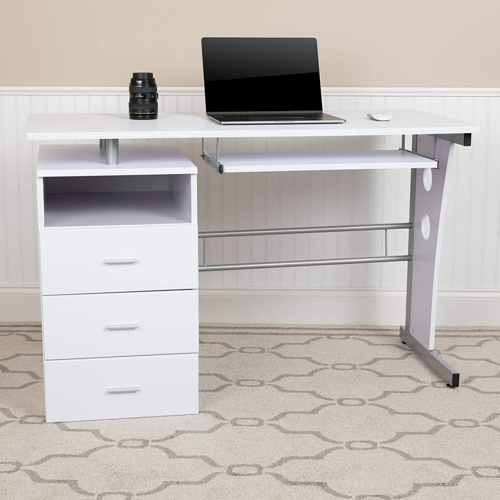 Modern White Desk with Three Drawer Pedestal and Pull-Out Keyboard Tray ...