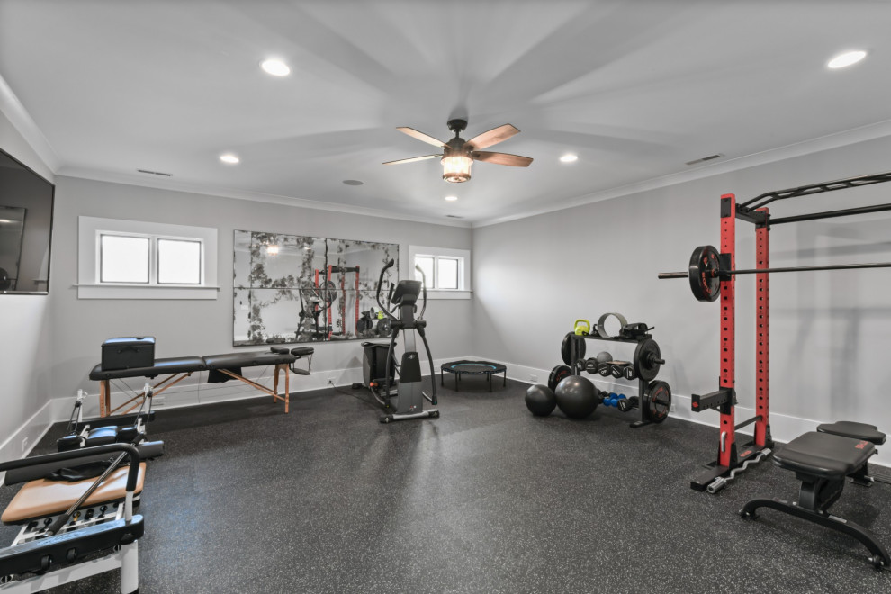 Luxury Modern Farmhouse Home Gym with Rubber Flooring & Power Rack ...