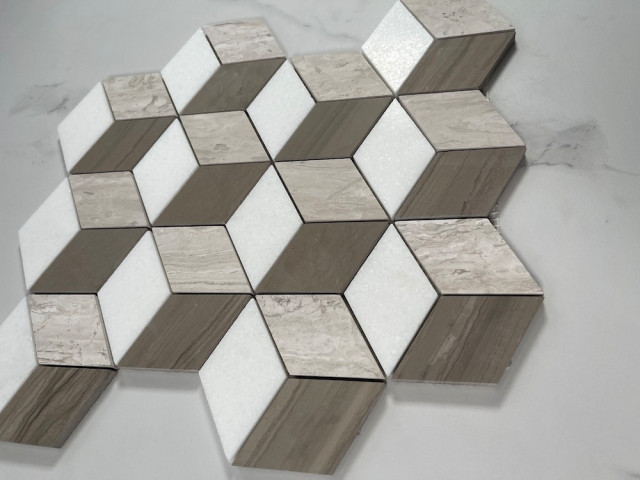 Athens Silver Cream Marble 3D Cube Diamond Geometry Hex Mosaic Tile, 1 ...