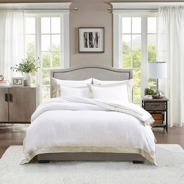 Linen Border Duvet Set, Natural Full/ Queen Duvet Set - Traditional ...