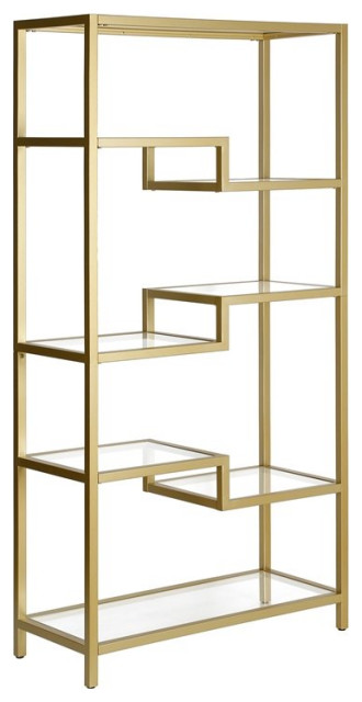 Henn&Hart 68" 5-Tier Brass Metal Book Case with Glass Top Shelves ...