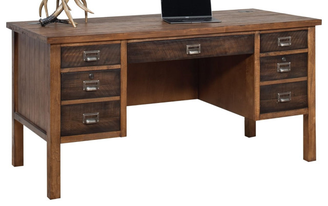 Charming Rustic Pedestal Desk, Rough Sawn Texture, Plank Top, Brown ...