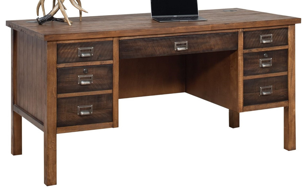 Charming Rustic Pedestal Desk, Rough Sawn Texture, Plank Top, Brown ...