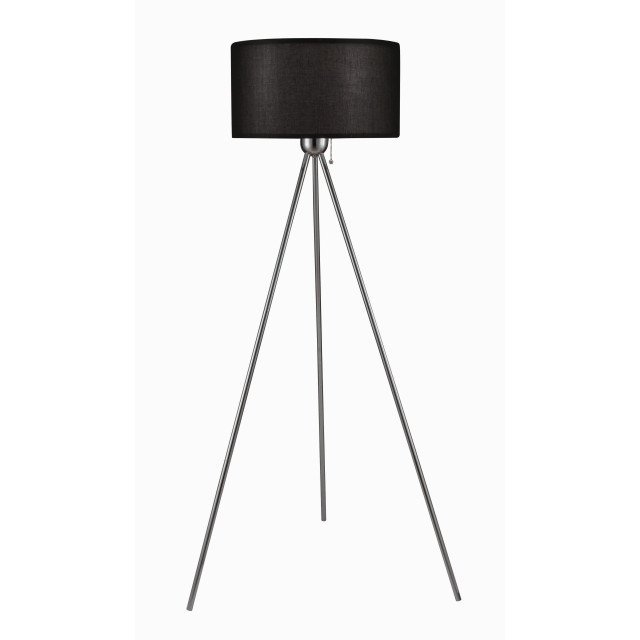 Round Fabric Wrapped Floor Lamp with Tripod Legs, Black and Chrome ...