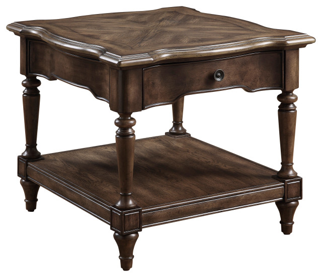 1 Drawer End Table with Open Bottom Shelf and Turned Feet, Brown ...