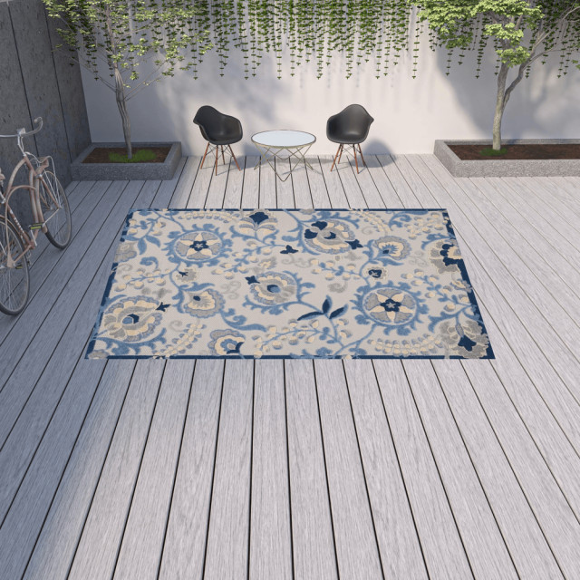 10' X 13' Blue And Grey Toile Non Skid Indoor Outdoor Area Rug ...