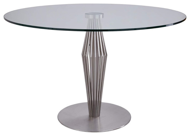 Modern Silver Dining Table with Metal Frame and Round Glass Top ...