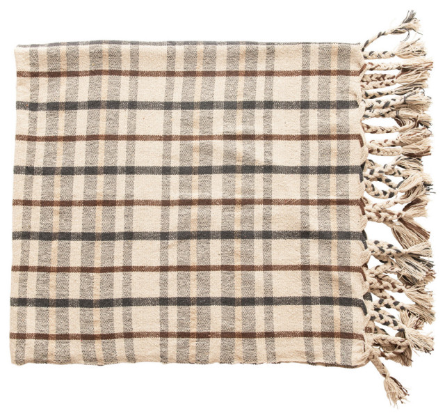 Woven Recycled Cotton Blend Plaid Throw With Tassels, Charcoal/Brown ...