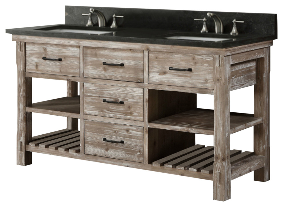 Rustic Double Sink Vanity With Rectangular Sink With Limestone Top ...