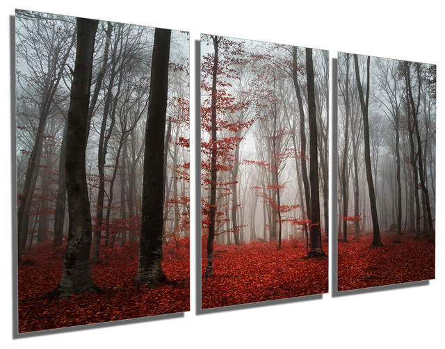 Red Forest Mist Metal Print Wall Art, 3 Panel Split, Triptych Wall Art ...