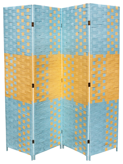 Beach Blue/Natural Paper Straw Weave 4-Panel Screen on 2"H Legs ...