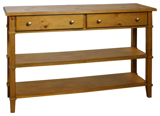 Two Drawer and Double Shelf Console Table Natural Wood Finish ...