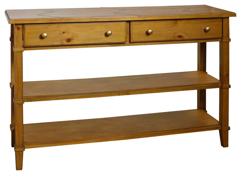 Two Drawer and Double Shelf Console Table Natural Wood Finish ...