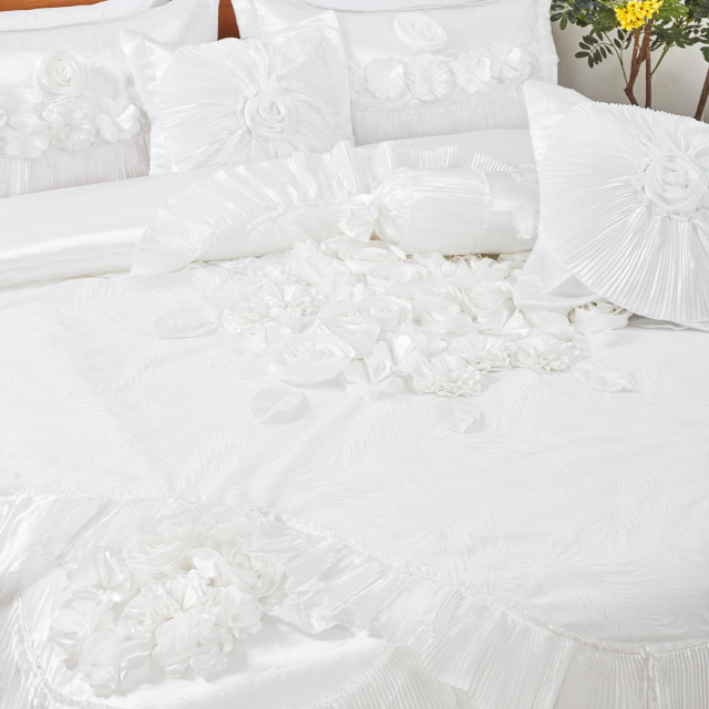 6-Piece White Sweet Victorian Satin Comforter Bedding Set, King ...