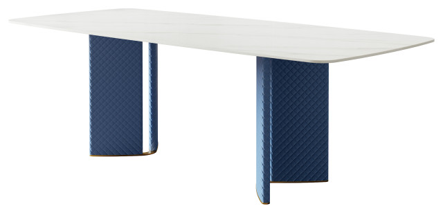 Modern Snow-White Slate Table Top Dining Table With Blue Pedestal ...