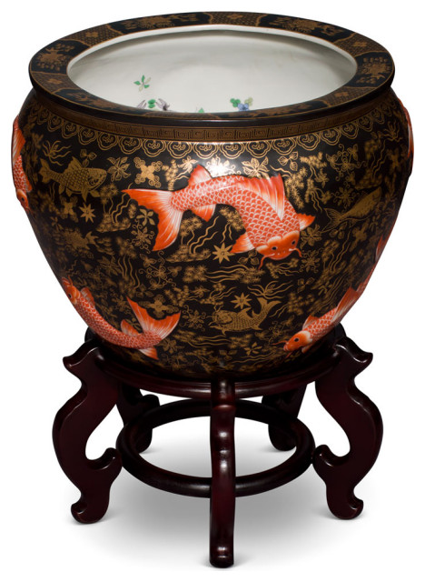 16 Inch Porcelain Koi Fish Motif Chinese Fishbowl Planter - Asian ...