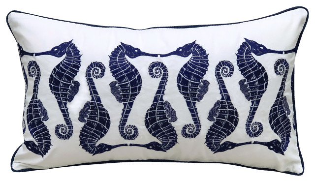 Indigo Seahorse Pattern Indoor/Outdoor Lumbar Pillow - Beach Style ...