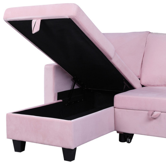 Nova Pink Velvet Reversible Sleeper Sectional Sofa with Storage Chaise ...