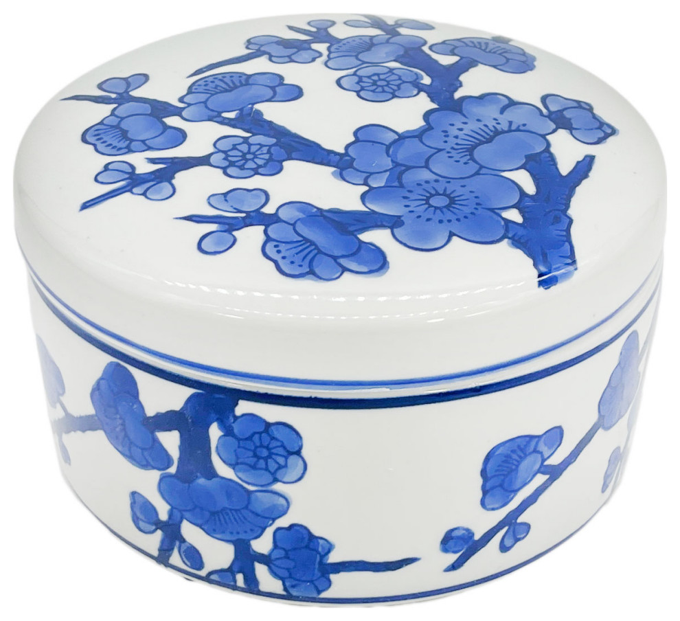 Blue & White Chinoiserie Round Ceramic Box - Cherry Blossom - Asian ...
