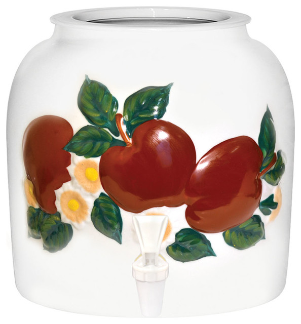 3 Apples W/ Daisy Flower Porcelain Ceramic Water Dispenser Crock W ...