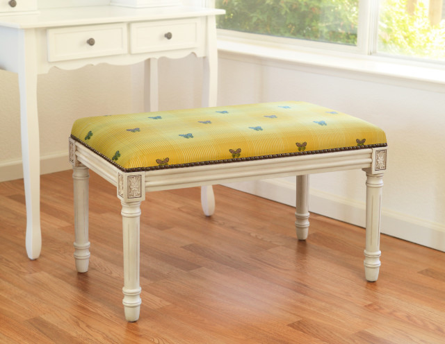 Yellow Butterfly Upholstered Wooden Bench, Antique White Wash ...