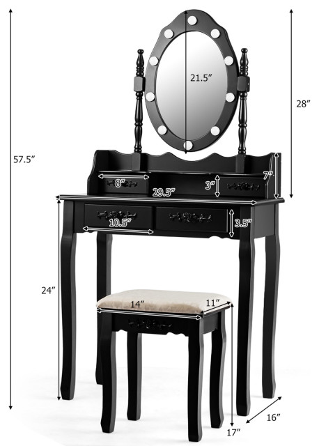 Classic Vanity Set, Stool & Drawers With Carved Details & Lighted ...