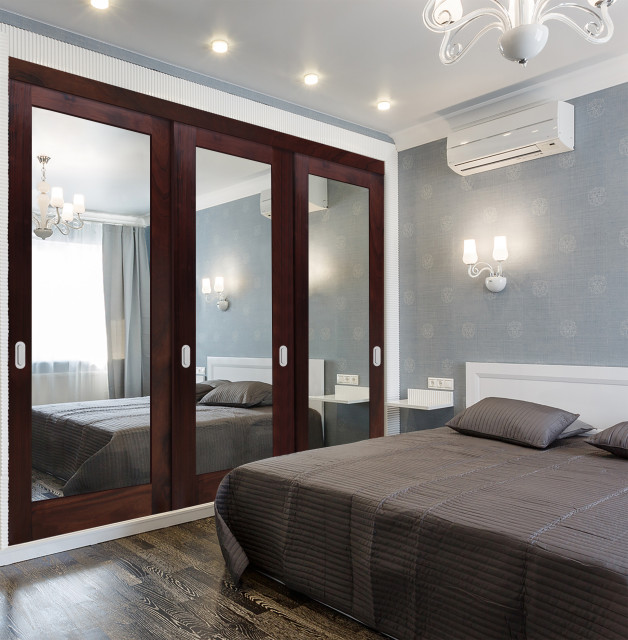 3 Panels Mahogany Solid Wood Sliding Closet Door with Mirror Insert ...