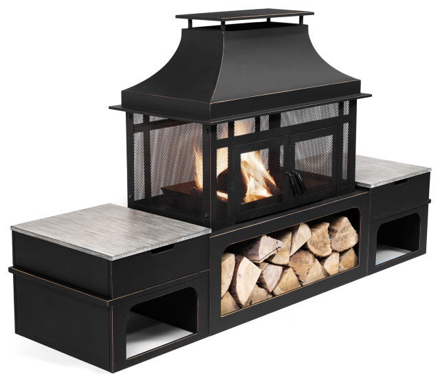 80" Rectangular Outdoor Steel Fireplace, Log Storage and Side Tables ...